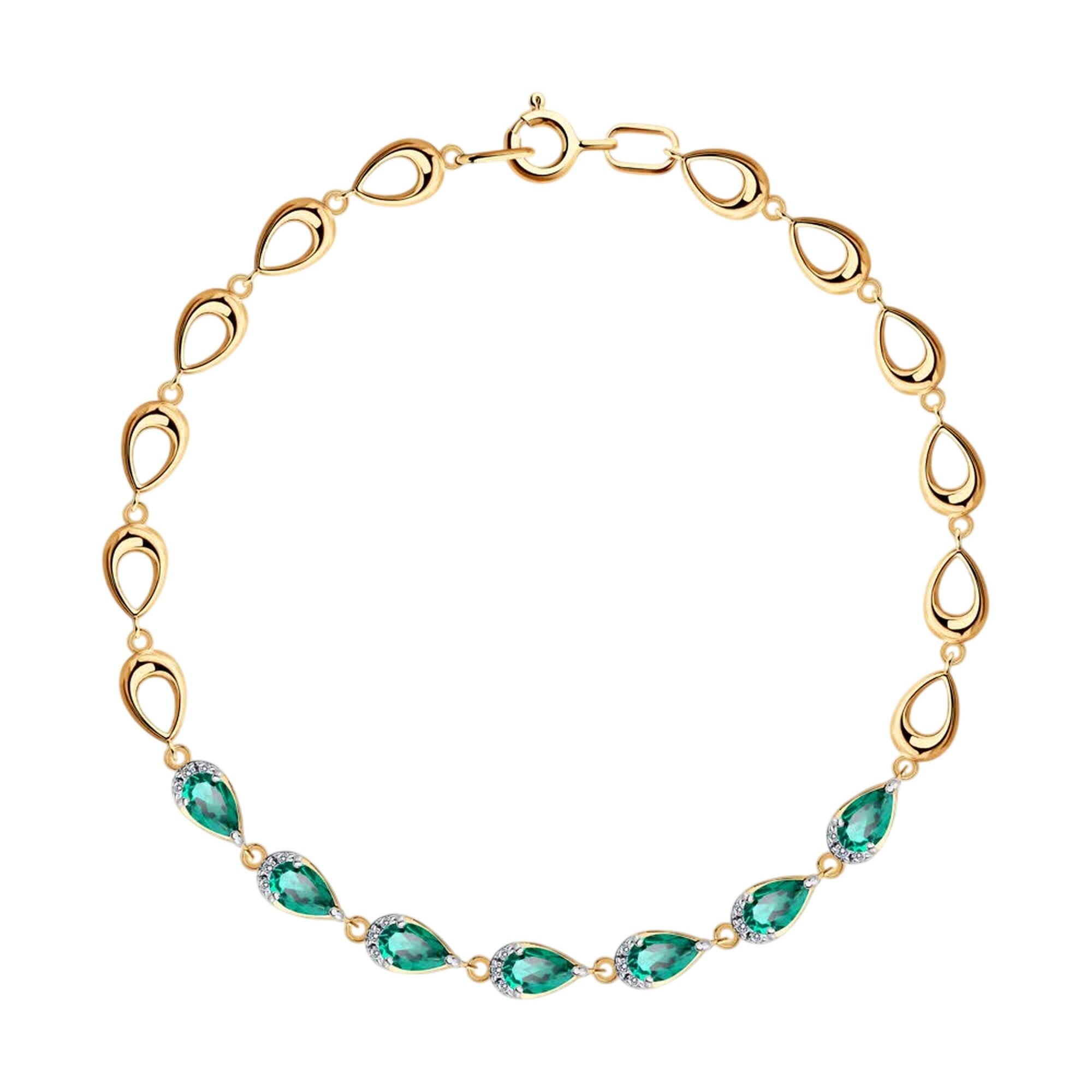 Браслет, красное золото, 585 проба, изумруд синтетический, фианит