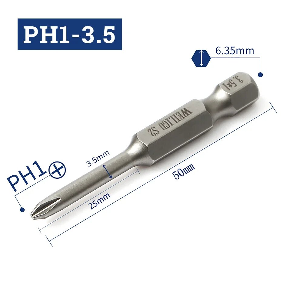 Насадки для крестовой отвертки Philips PH00 PH0 PH1 PH2 стальные S2 50/70 мм 1 шт. 50mmx3.5xPH1