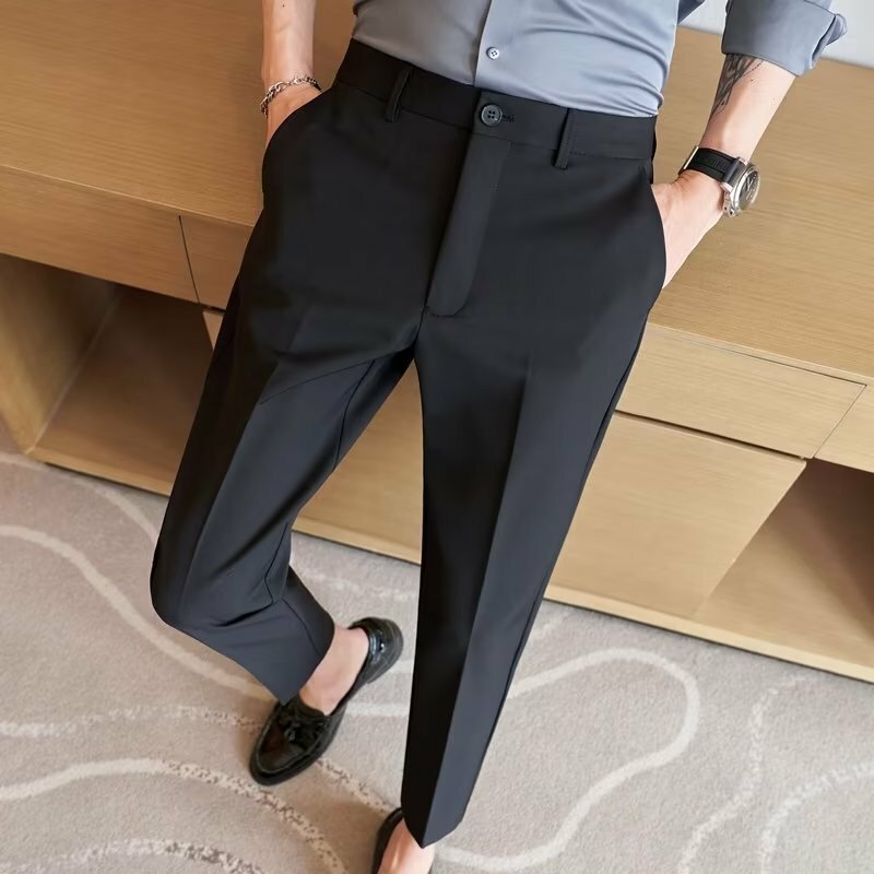 Тренд RONG CH Мужские Костюмные Брюки Кроп Слим Ледяная Шелк Деним, Размер_32