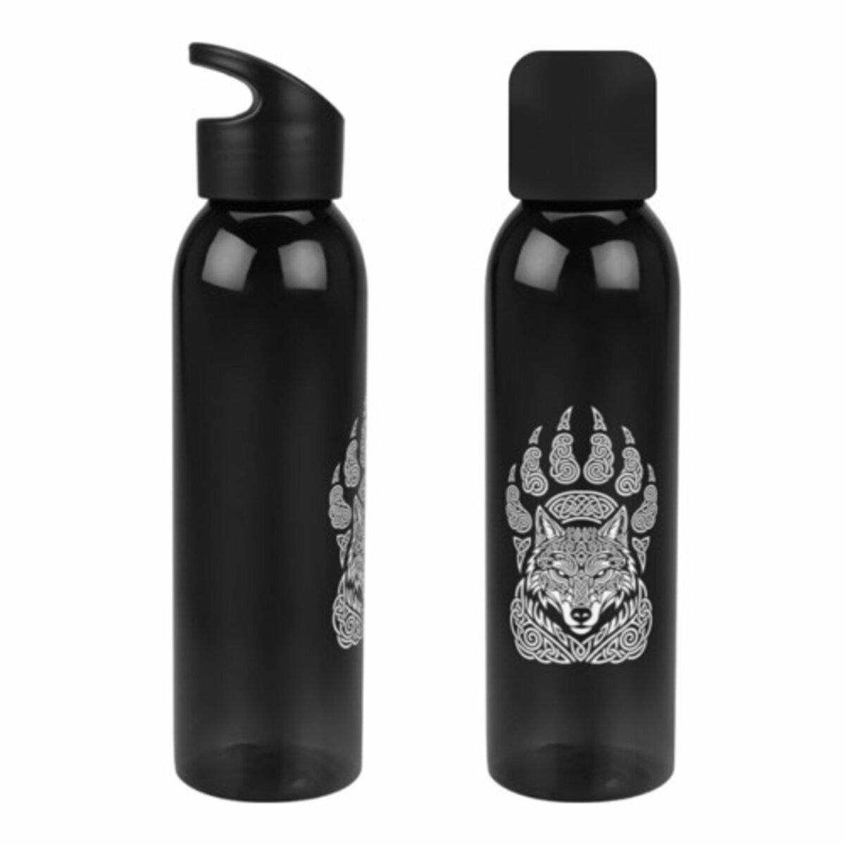Бутылка для воды «Волк в шестипалой лапе в узоре как тату» (черный)