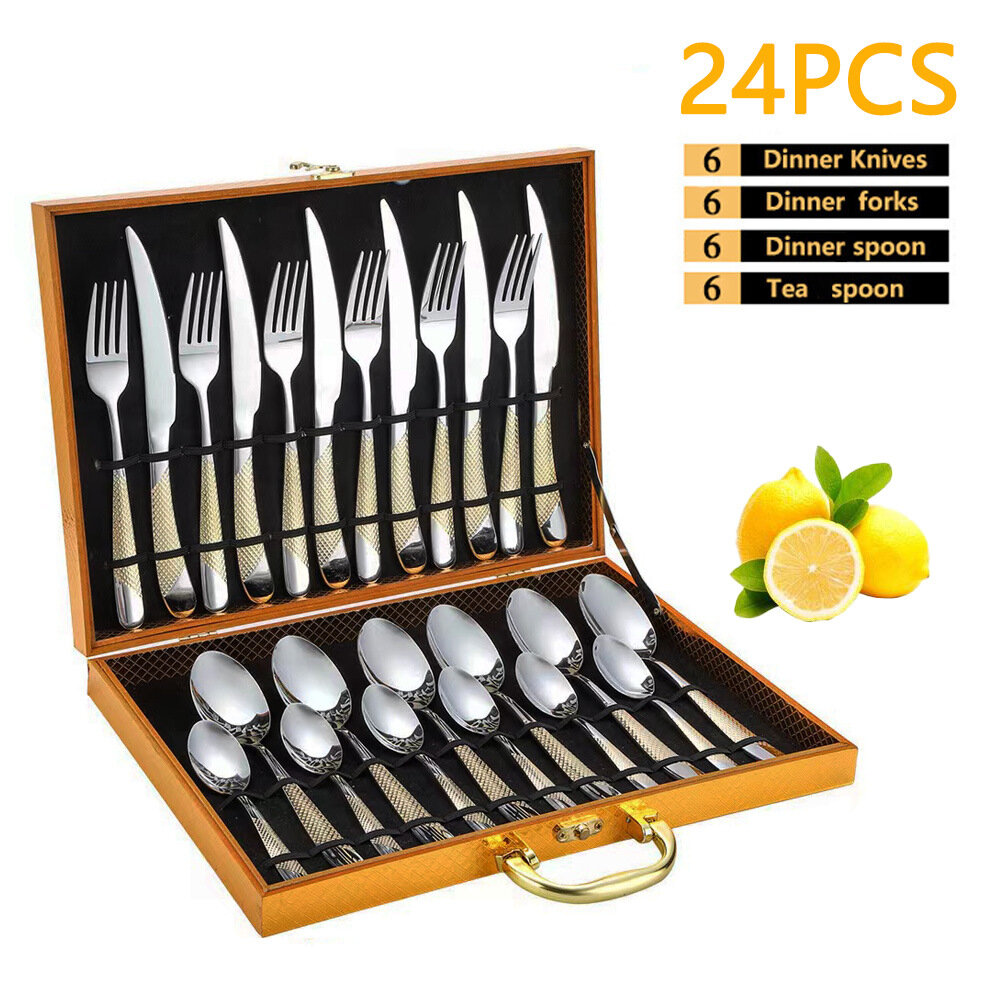 24-предметный набор ножей, вилок и ложек из нержавеющей стали, звездный алмазный набор столовых приборов, золотая деревянная коробка, западный набор столовых приборов