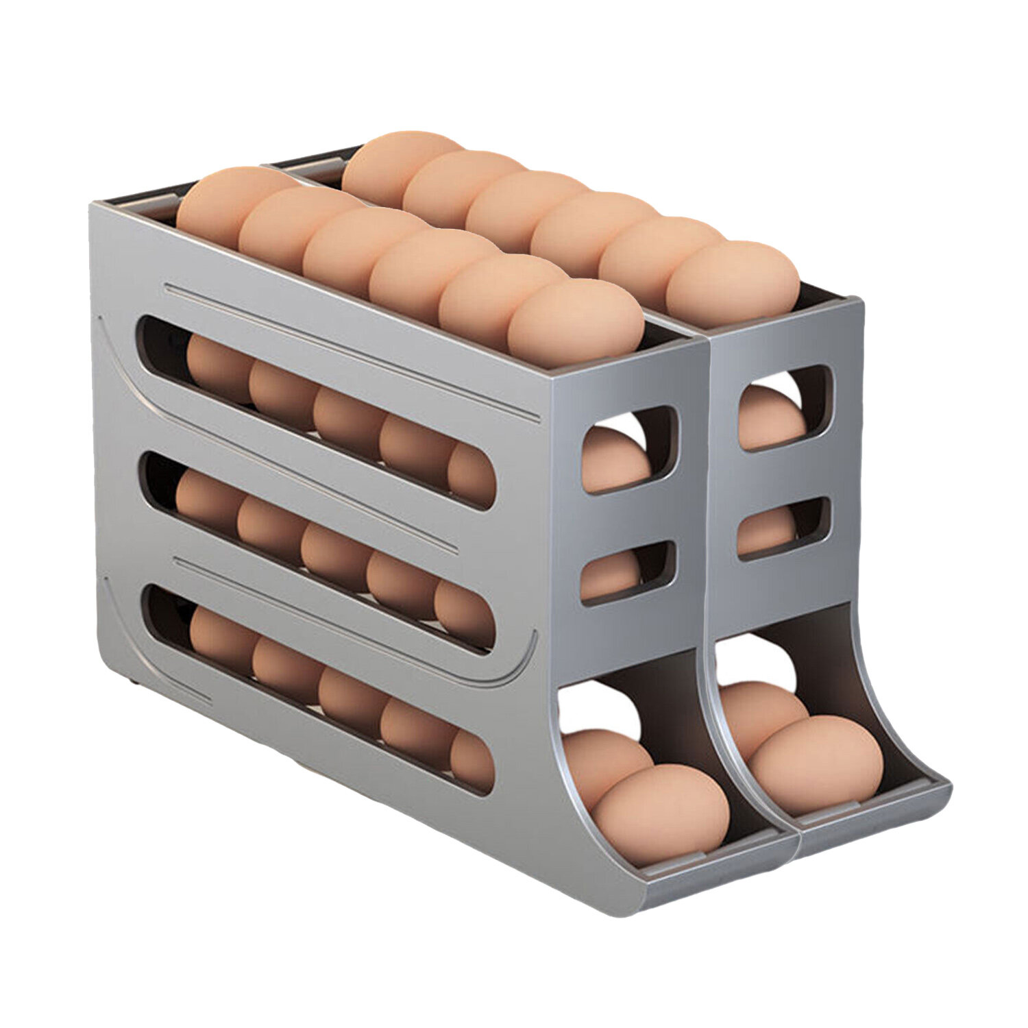 Устройство для хранения яиц для холодильника 4 уровня, автоматическое скользящее, экономящее место, емкость 30 яиц, контейнер для яиц, 2 упаковки, белый, кремово-белый, серый, прозрачный, размер 35.9*7*19.9 см, материал ABS