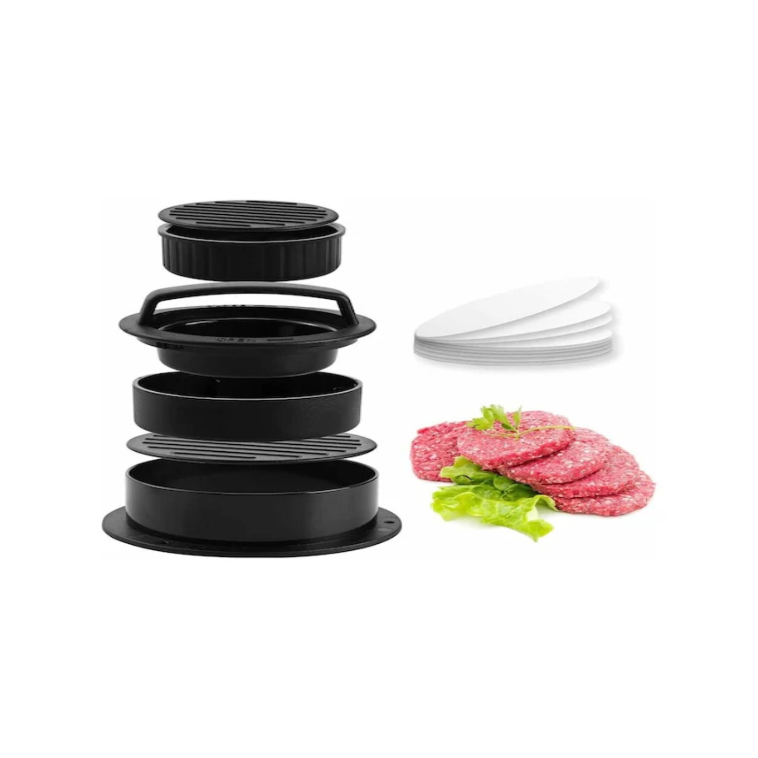 Пресс для бургеров Инструмент для приготовления котлет Кухонный инструмент с 100 штуками силиконовой масляной бумаги Черный цвет Размер 12.5*12.5*6 см Материал ABS