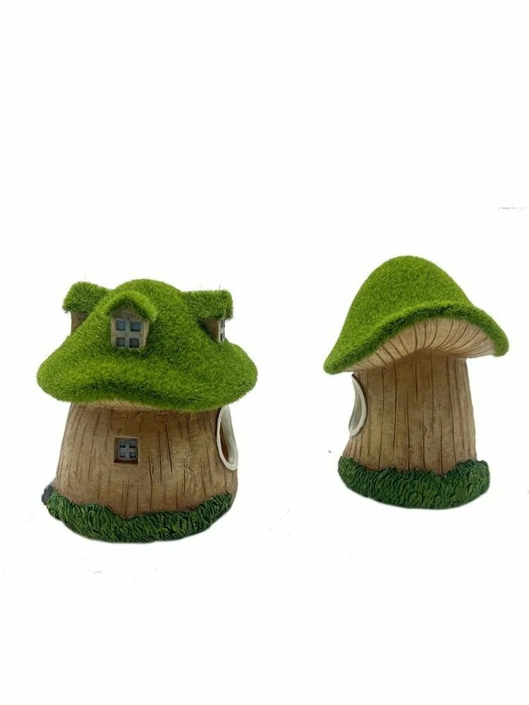 Домик грот для рыбок зеленый гриб со мхом декорация в аквариум