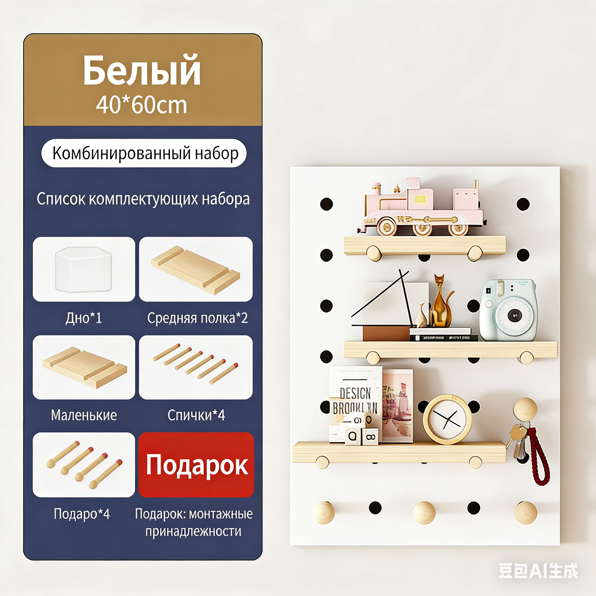 Доска с отверстиями из цельного дерева, настенная полка, настенная подвесная простая фоновая стена для хранения，40*60 cm