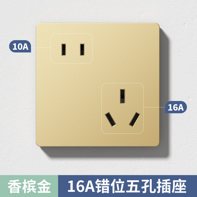 86-серия одноклавишная 8-розеточная панель для скрытой установки на стену Модель：Золотая смещенная 5 розеток (16А)