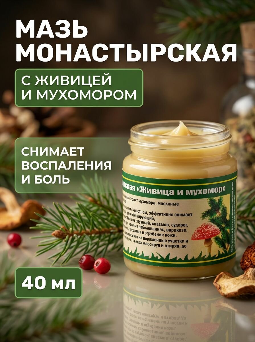 Мазь Живица с мухомором ранозаживляющая монастырская для суставов и кожи, 40 мл