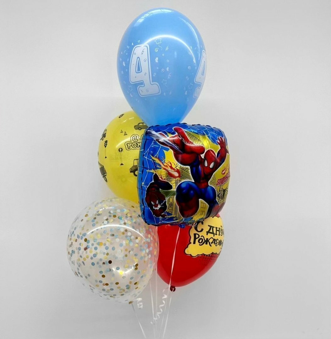 Фонтан из 5 воздушных шаров с гелием «Человек – Паук»