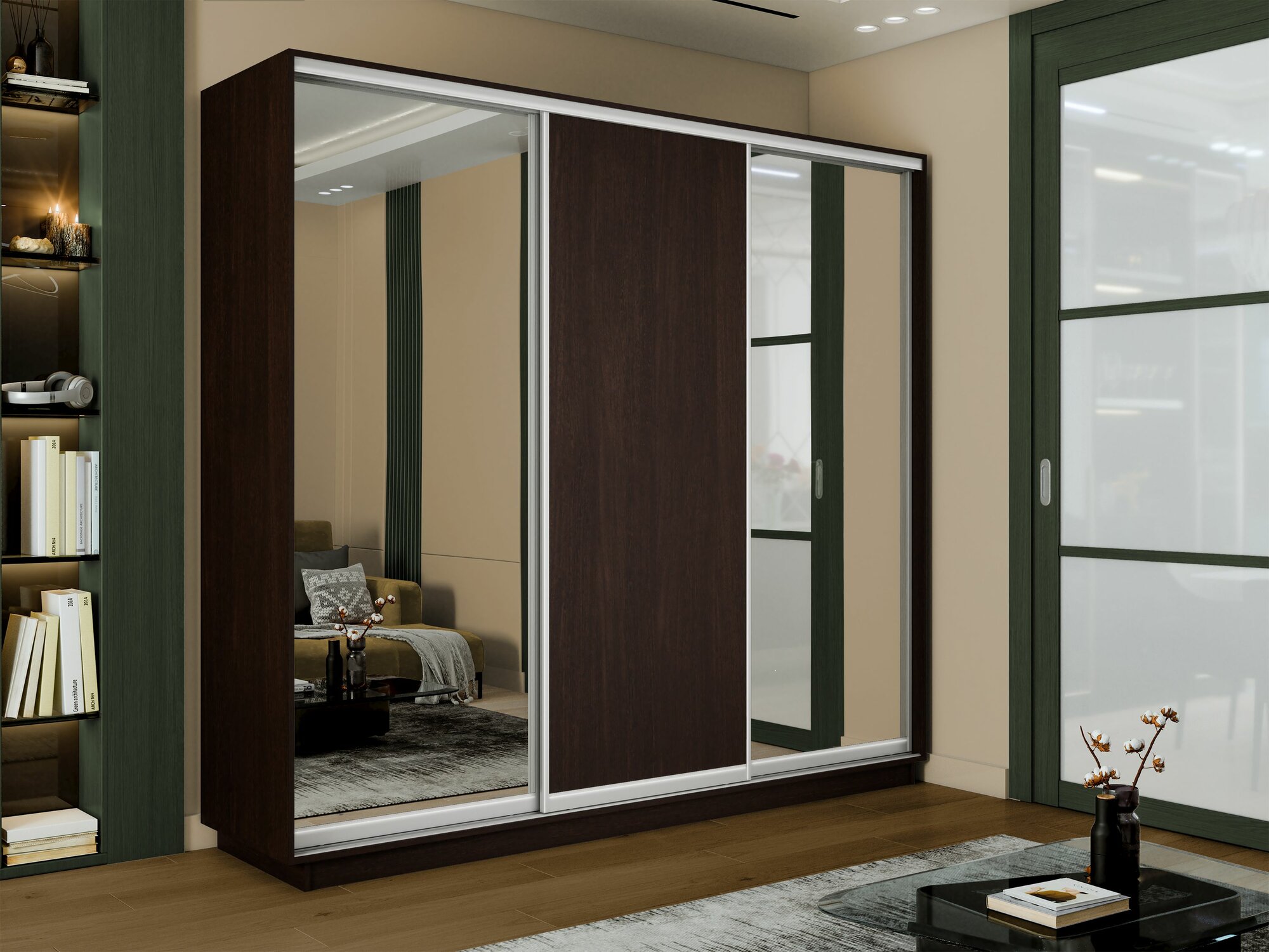 Шкаф купе Вилли 3-х дверный ЛДСП, (2-зеркала/ДСП) , профиль серебро 240 см х 240 см х 60 см (Венге)