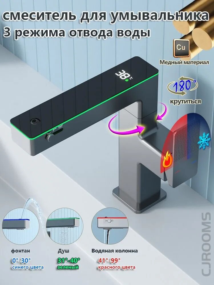 Ированный смеситель для раковины с 2 режимами, цифровым дисплеем и цветной подсветкой температуры, серый металлик