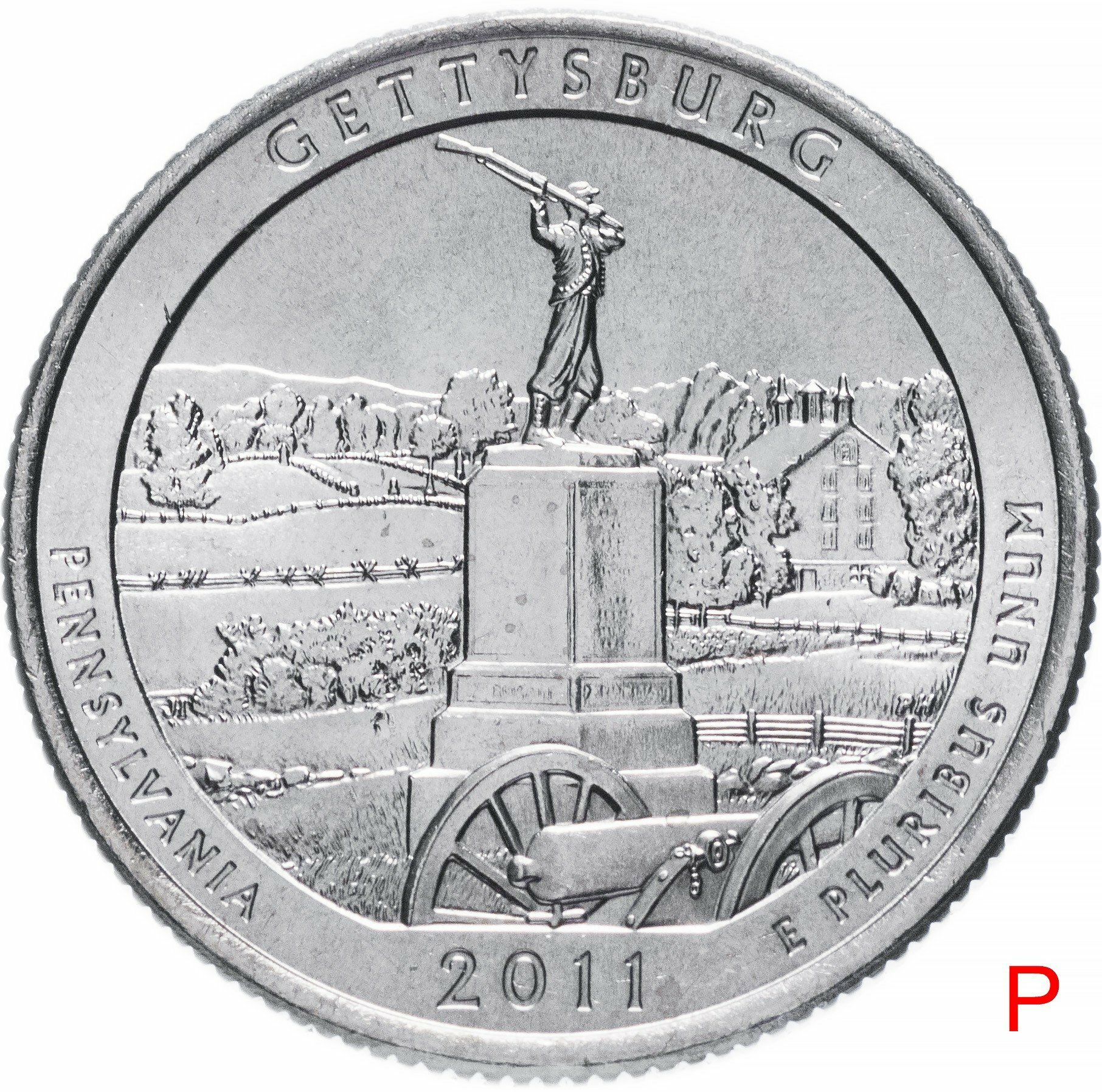 США 1/4 доллара 25 центов, квотер 2011 P — "Национальный военный парк Геттисберг" 6-й парк, Мельхиор медь-никель, в сохранности UNC