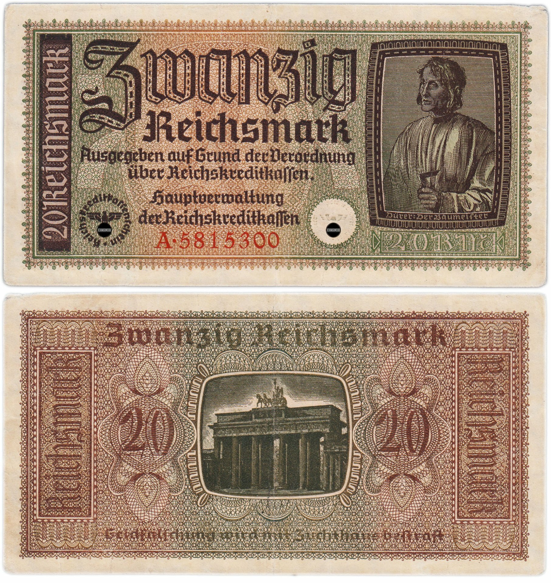 Германия 20 рейхсмарок 1940-1945 Немецкие оккупационные территории