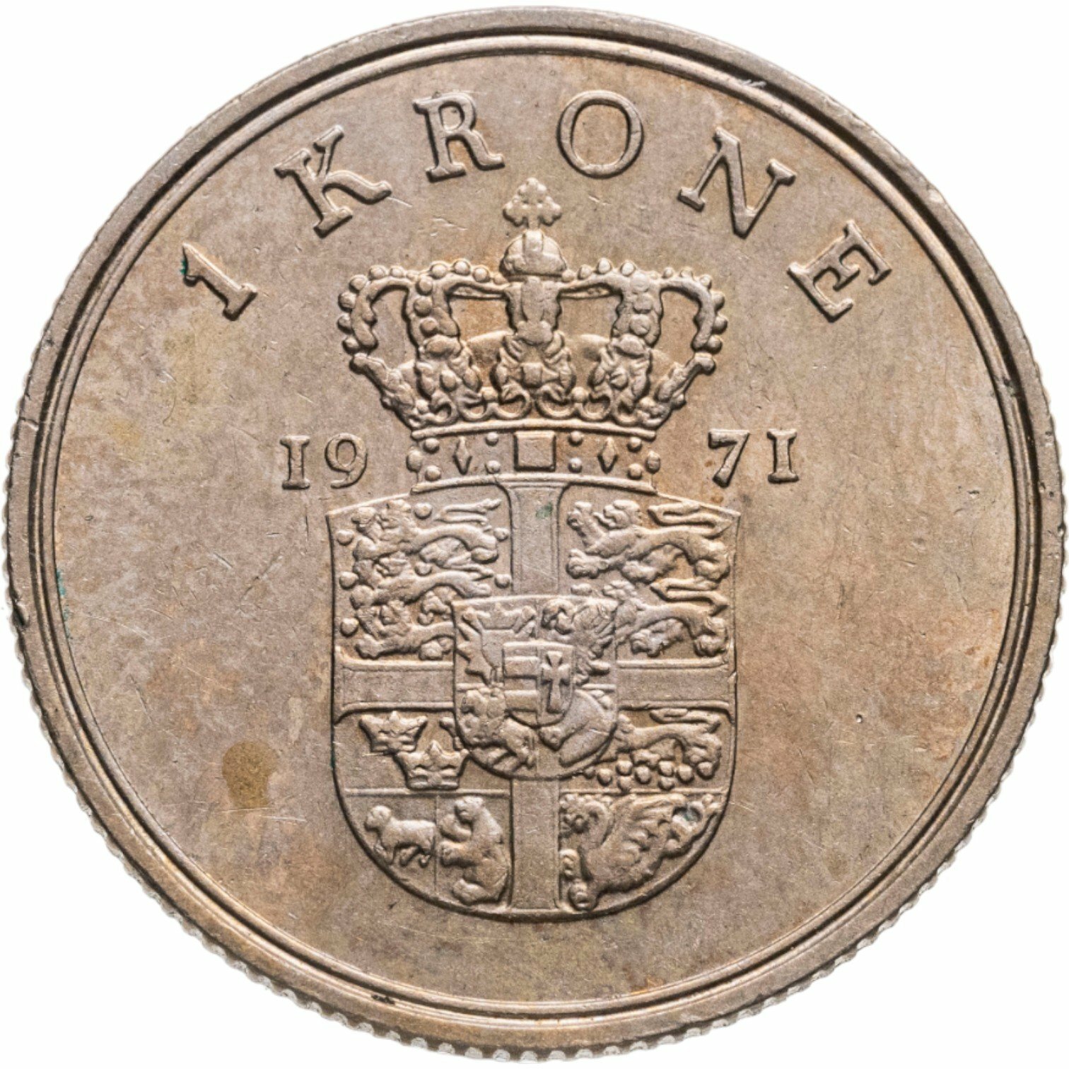 Дания 1 крона 1971, Мельхиор медь-никель, в сохранности AU