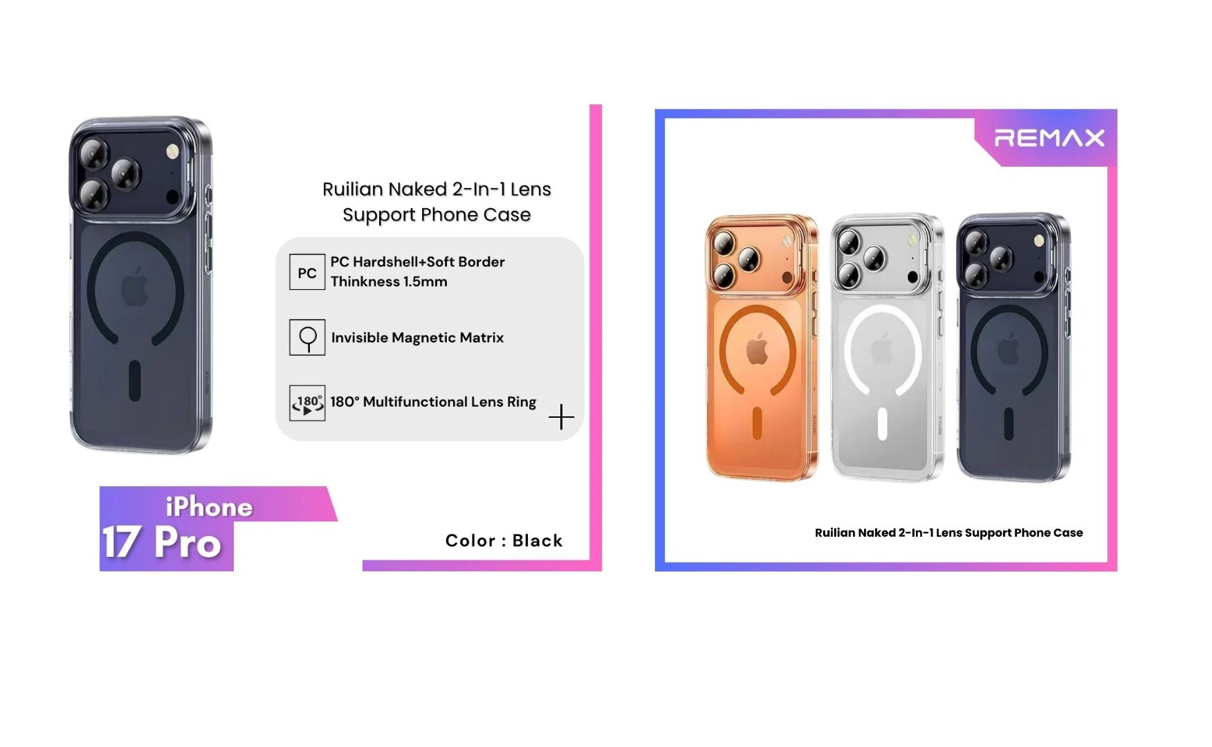 Чехол для iPhone 17 Pro, Remax Naked 2-in-1 Lens Holder Magnetic Case, Прозрачны/Черный