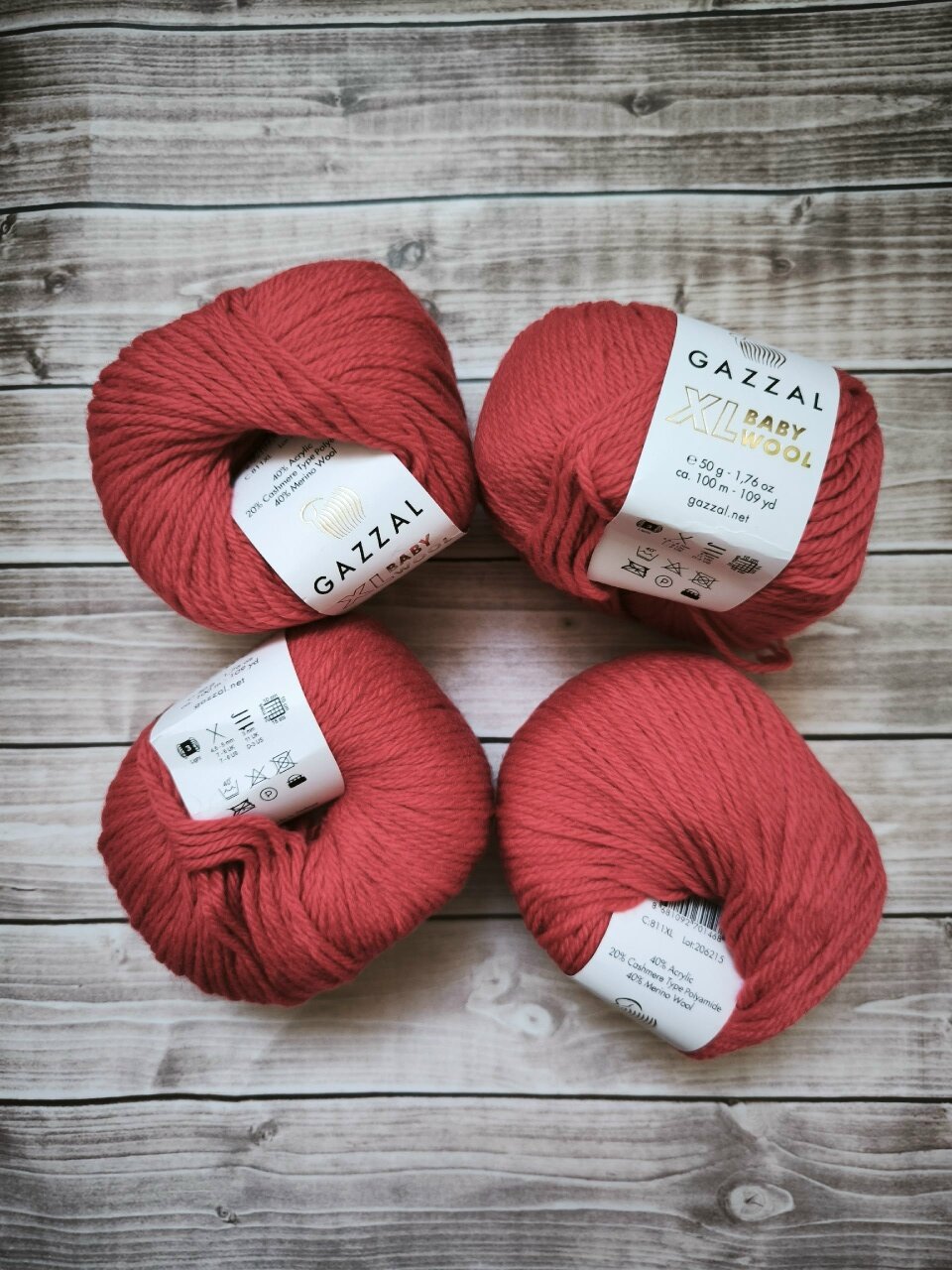 Пряжа Gazzal Baby wool XL, цвет 811 xl красный, набор 4 мотка, вес мотка 50 гр, длина нити 100 м