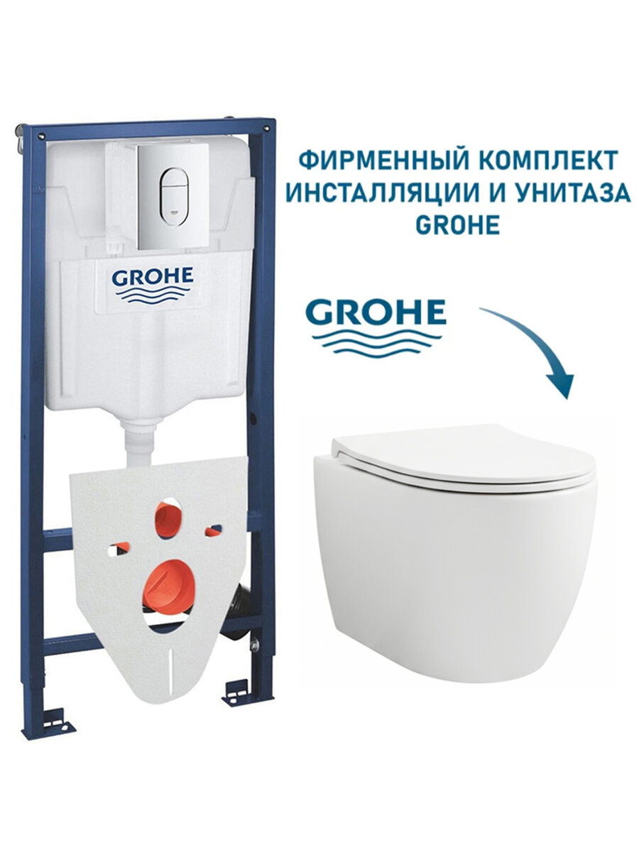 Инсталляция с унитазом комплект: унитаз Grohe Clova Oval, сиденье (дюропласт), инсталляция Grohe, шумизоляция, кнопка