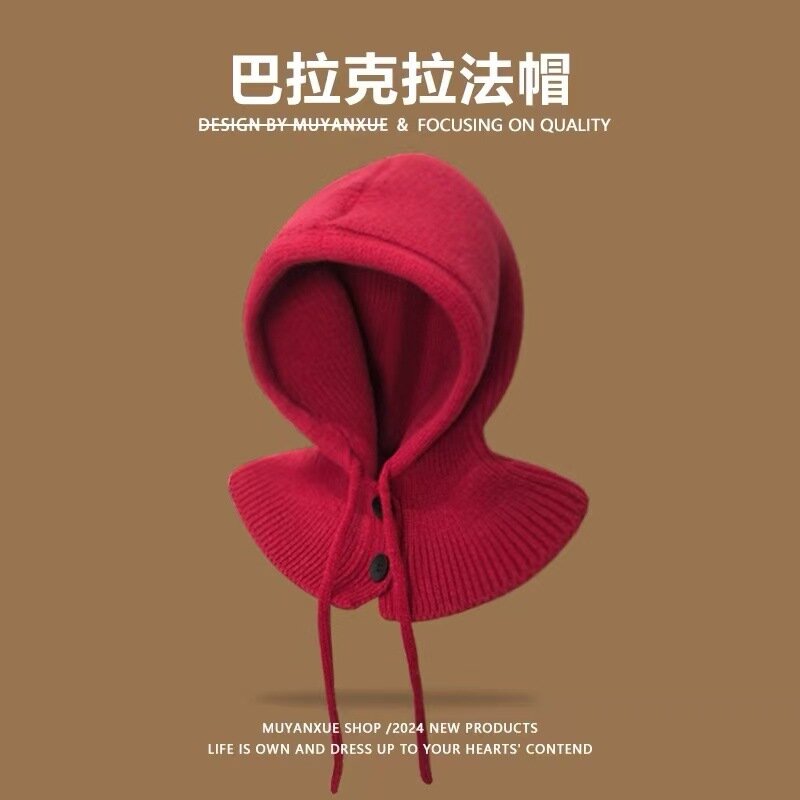 Корейская Балаклава, осенне-зимняя пара, модные теплые шапки с воротником, цельная вязаная шерстяная шапка с защитой ушей