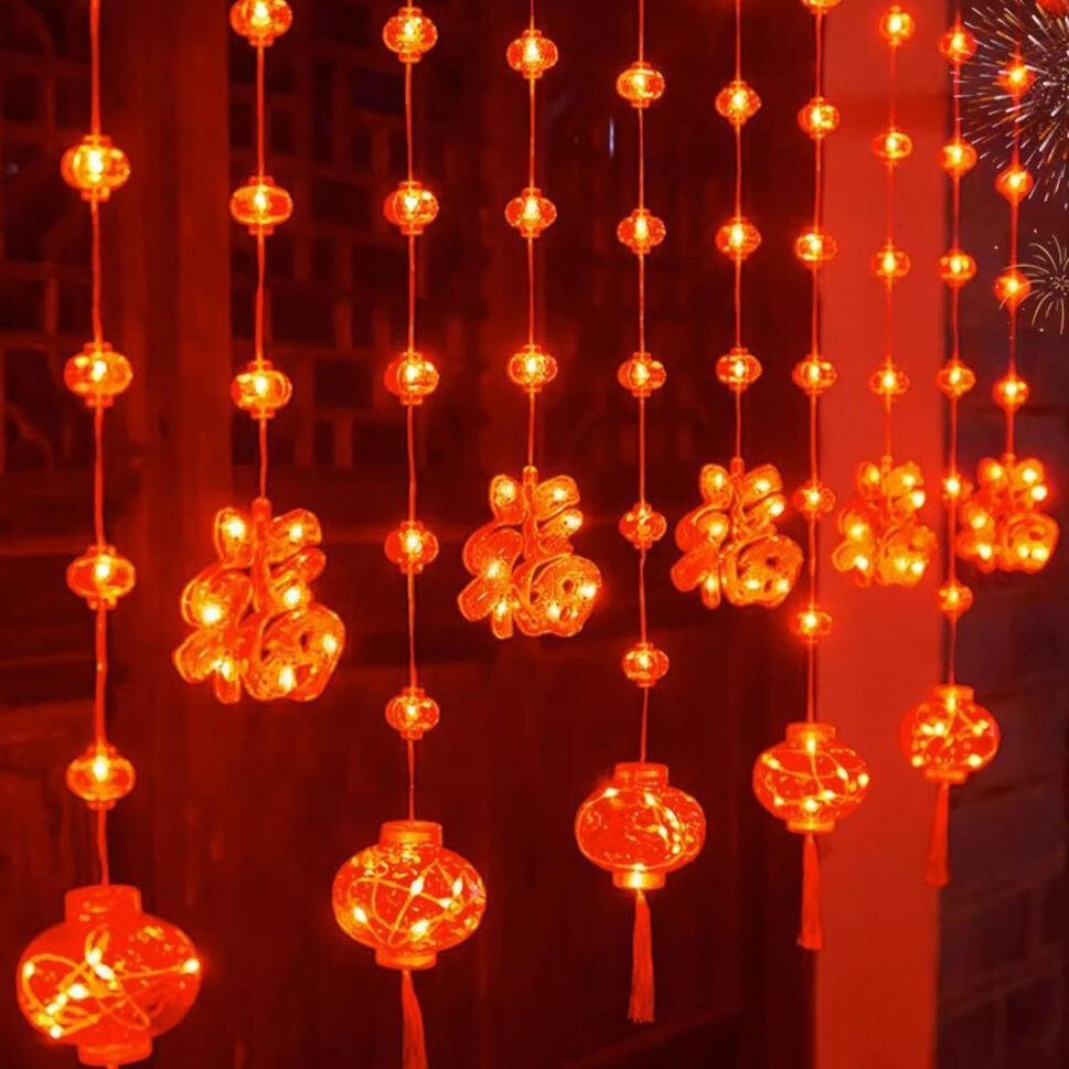 Светодиодные гирлянды-занавесы «Красный фонарь» 2025 года для создания новогодней и весенней атмосферы, праздничное освещение для помещений.