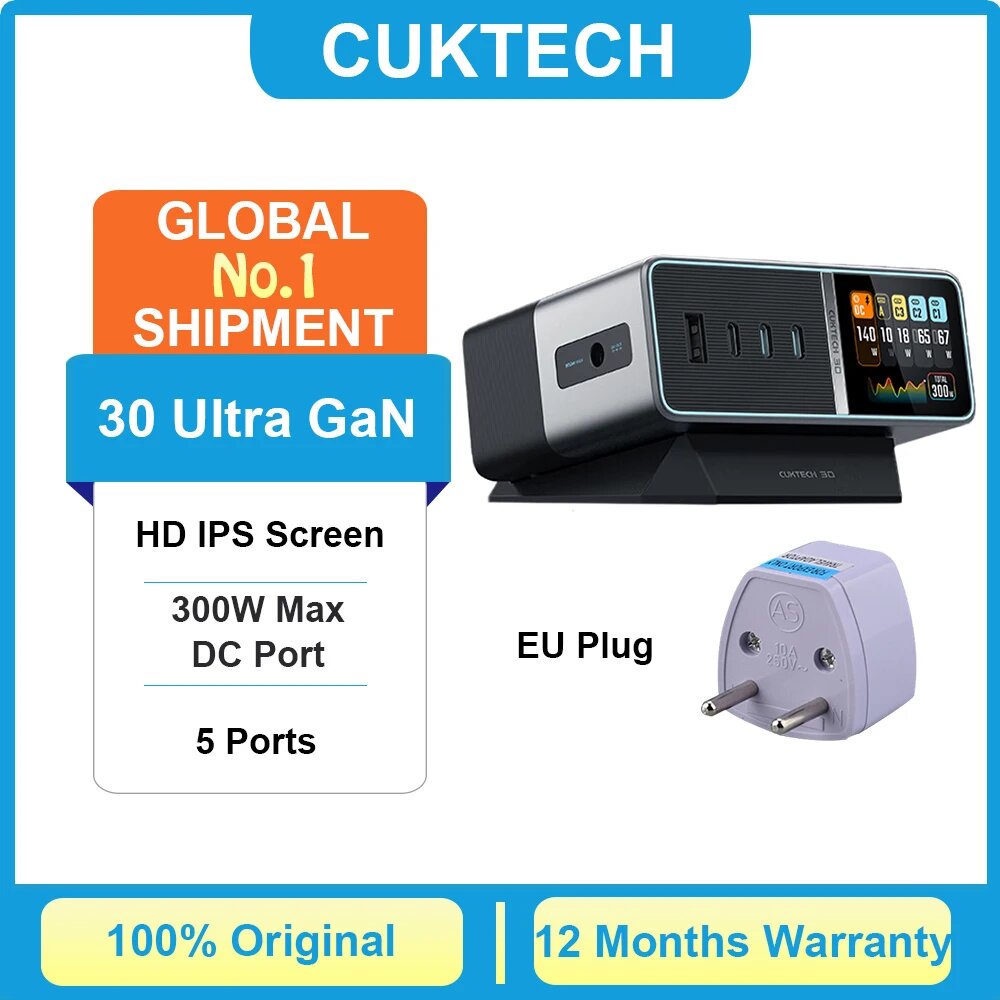 Новая зарядная станция CUKTECH 30 Ultra, 300 Вт, максимальное зарядное устройство GaN, USB-C, USB-A, 1,83 дюйма, IPS-дисплей, 5 портов для ноутбука Xiaomi iPhone DIJ Add EU Adapter