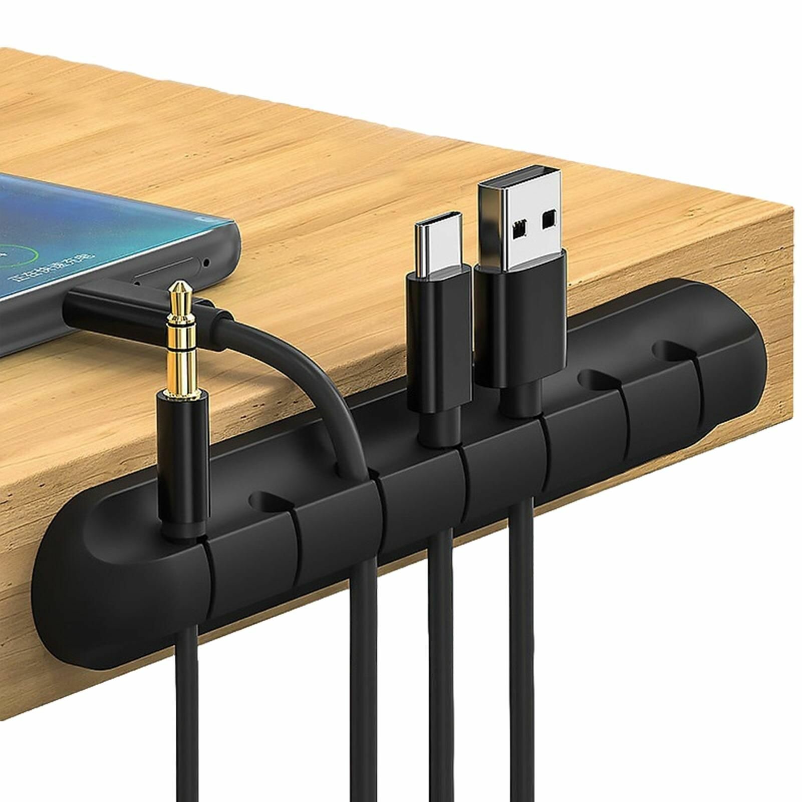 Держатель для проводов/зарядки силиконовый самоклеющийся на 5 проводов (черный)