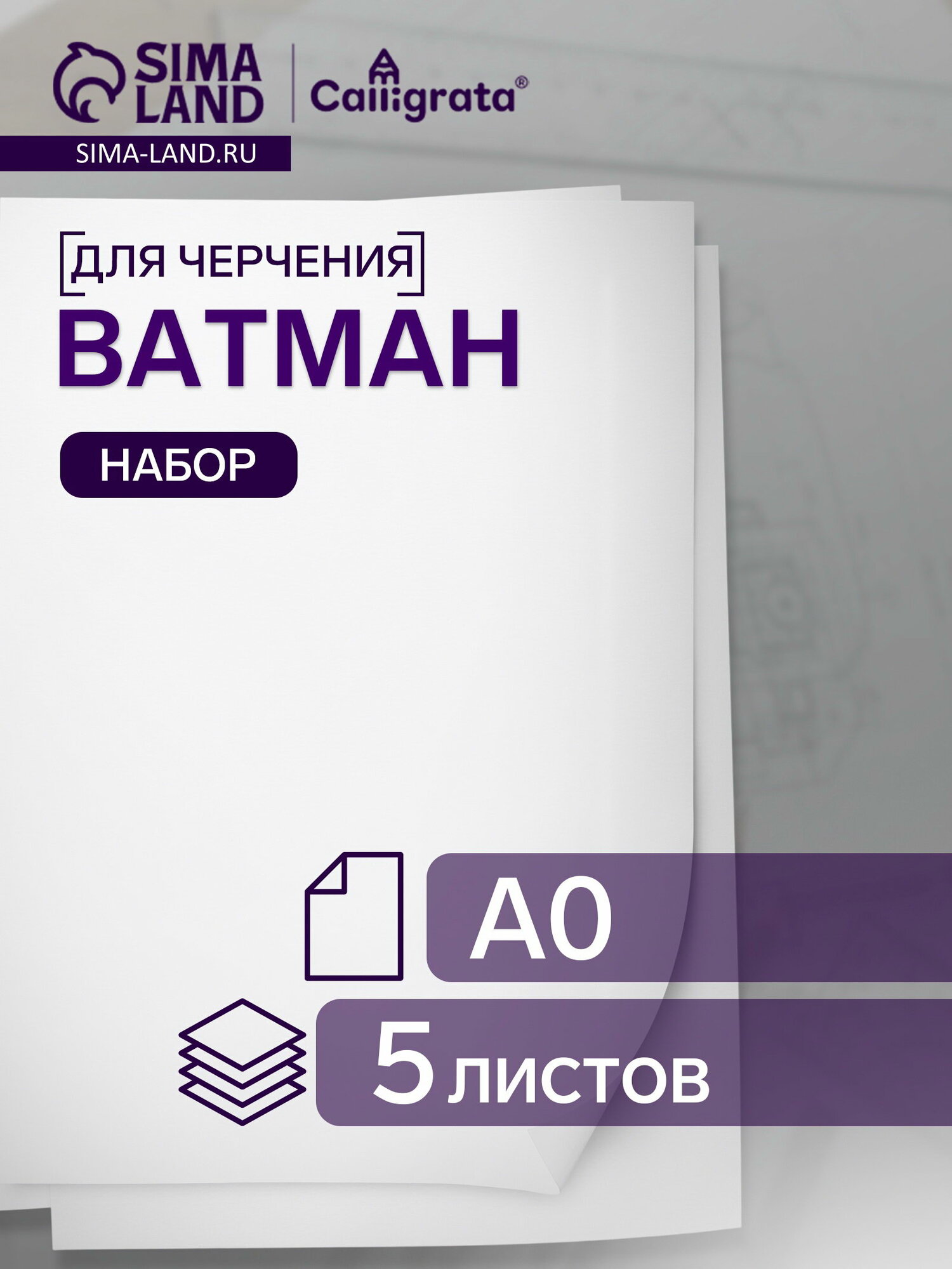 Набор 5 листов ватман, чертежный, А0, 840x1189, 200 г/?2, цвет: белый