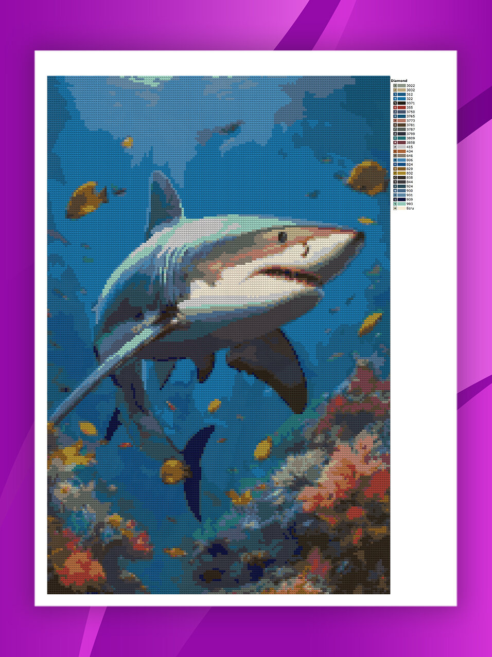 Алмазная мозаика без подрамника - вышивка Белая акула 40 х 60 см