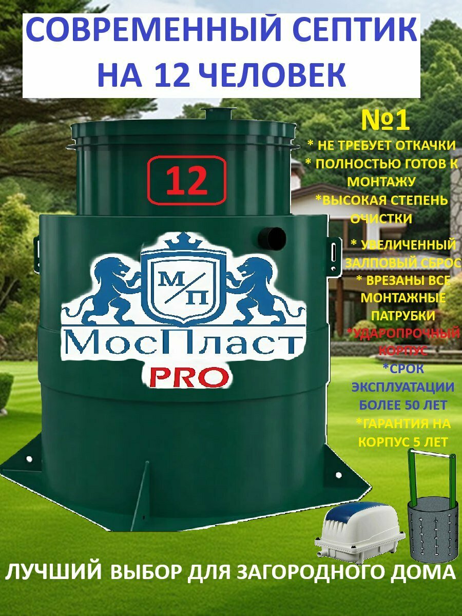Септик MosPlast PRO-12, Премиум, для 12 пользователей, без запаха, без откачки