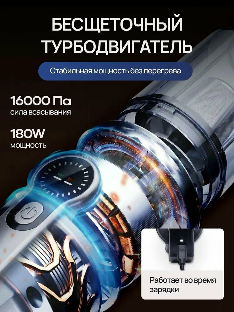 Пылесос автомобильный, беспроводной, с насадками, черный/серый — фото 1