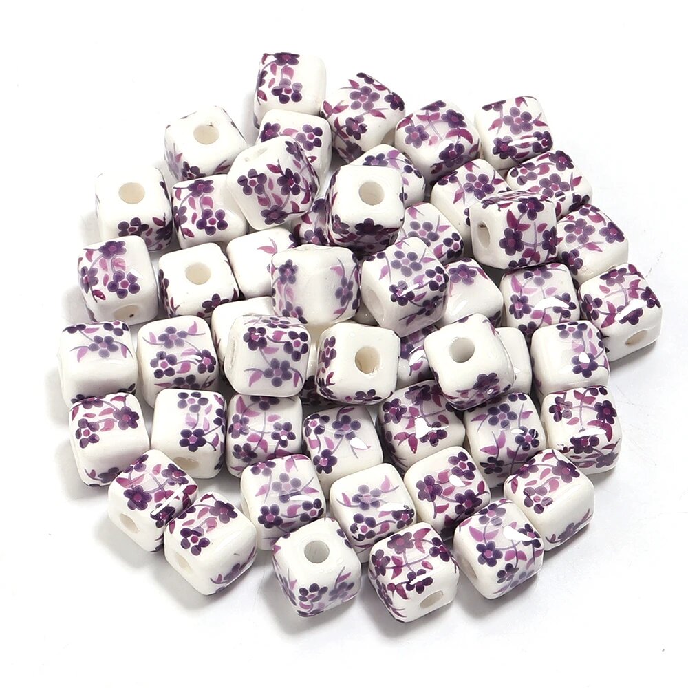 Квадратные керамические бусины 8x8 мм, разноцветные, с узорами, 20/40 шт. 8x8mm 40Pcs, Purple flower