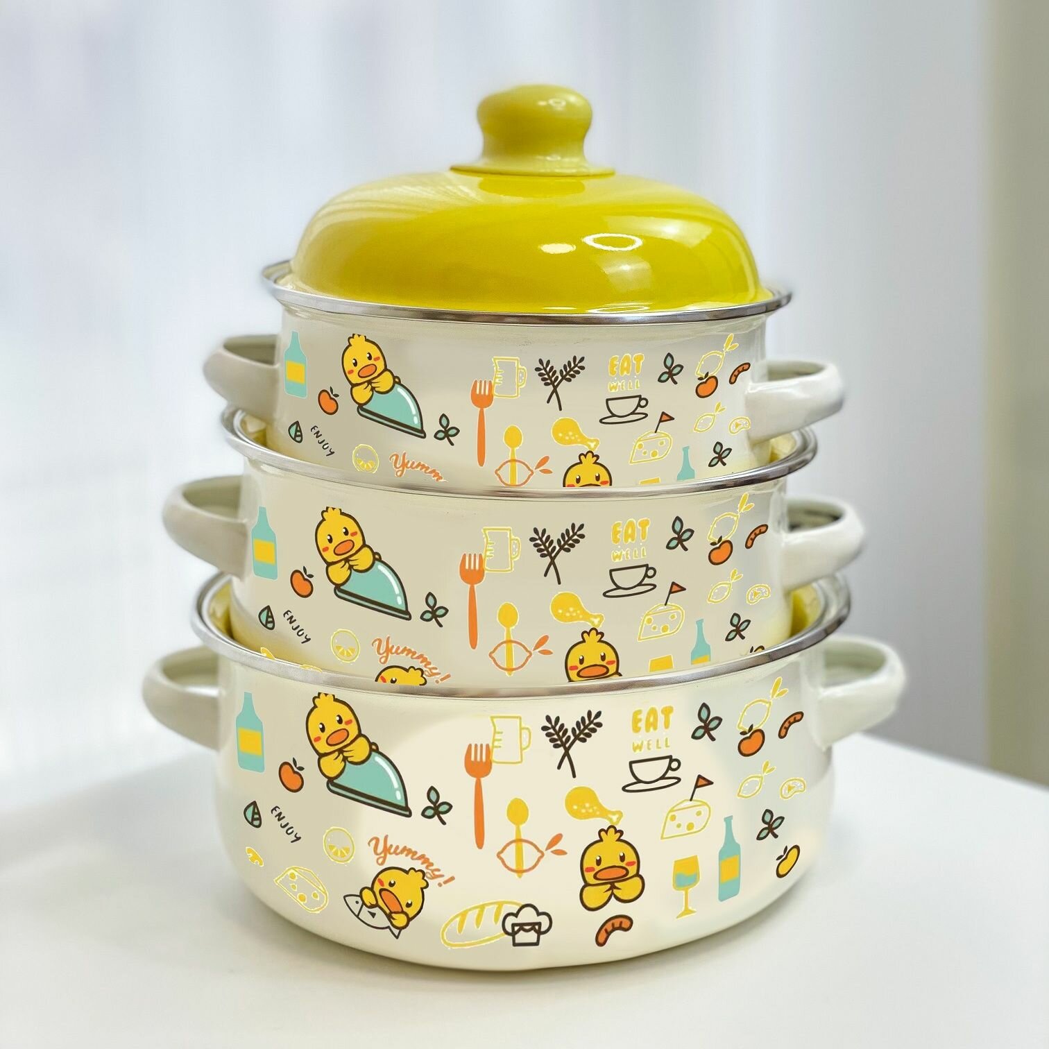 Эмалированный трехкомпонентный набор: утолщенная кастрюля с двумя ручками и крышкой, подходит для детского питания и лапши быстрого приготовления, кастрюля с плоским дном, эмалированная посуда.