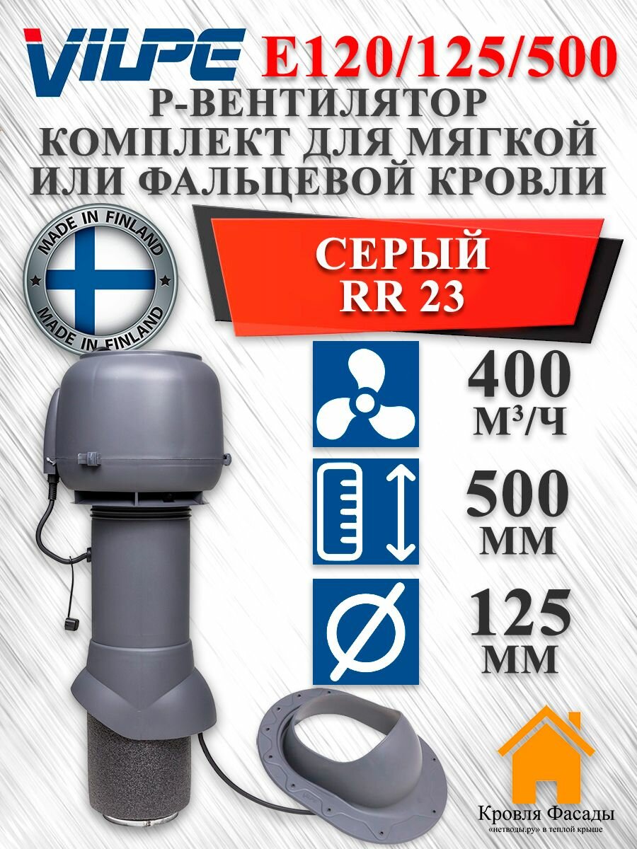 Комплект кровельного вентилятора Vilpe E120P/125/500 Вилпе для мягкой и фальцевой кровли, Серый
