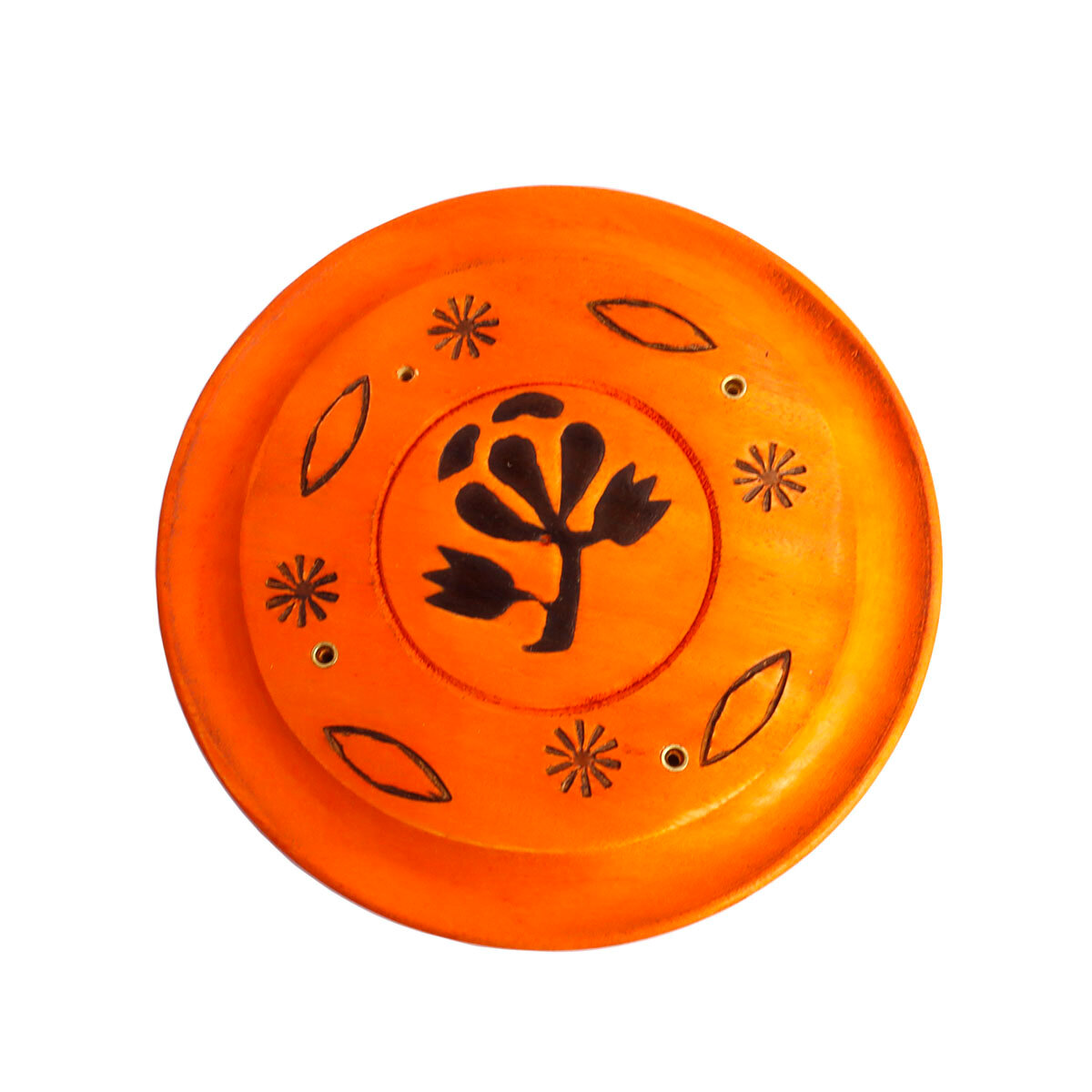 Подставка под благовония тарелочка оранжевая с цветком (ручная работа, дерево, резьба, диаметр 12 см.), 1 шт.