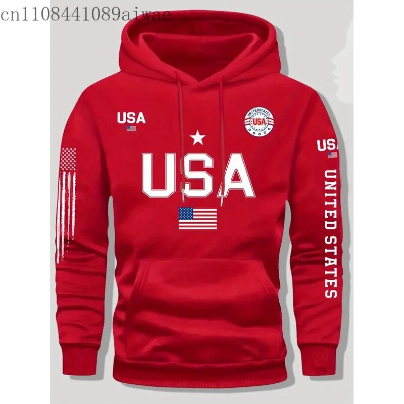 Мужская флисовая толстовка с принтом флага США L, Красный, Red