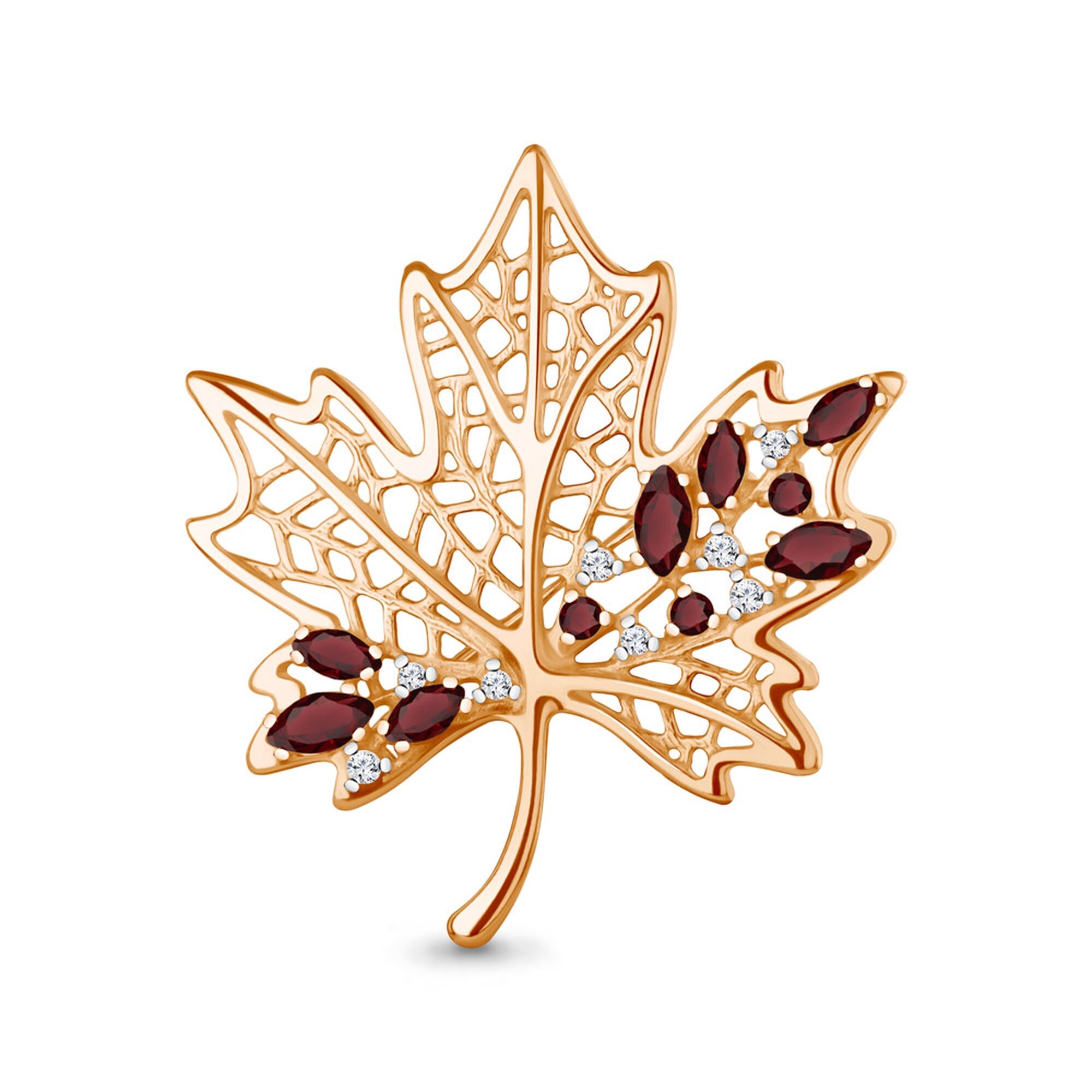 Брошь, серебро, 925 проба, золочение, гранат, фианит