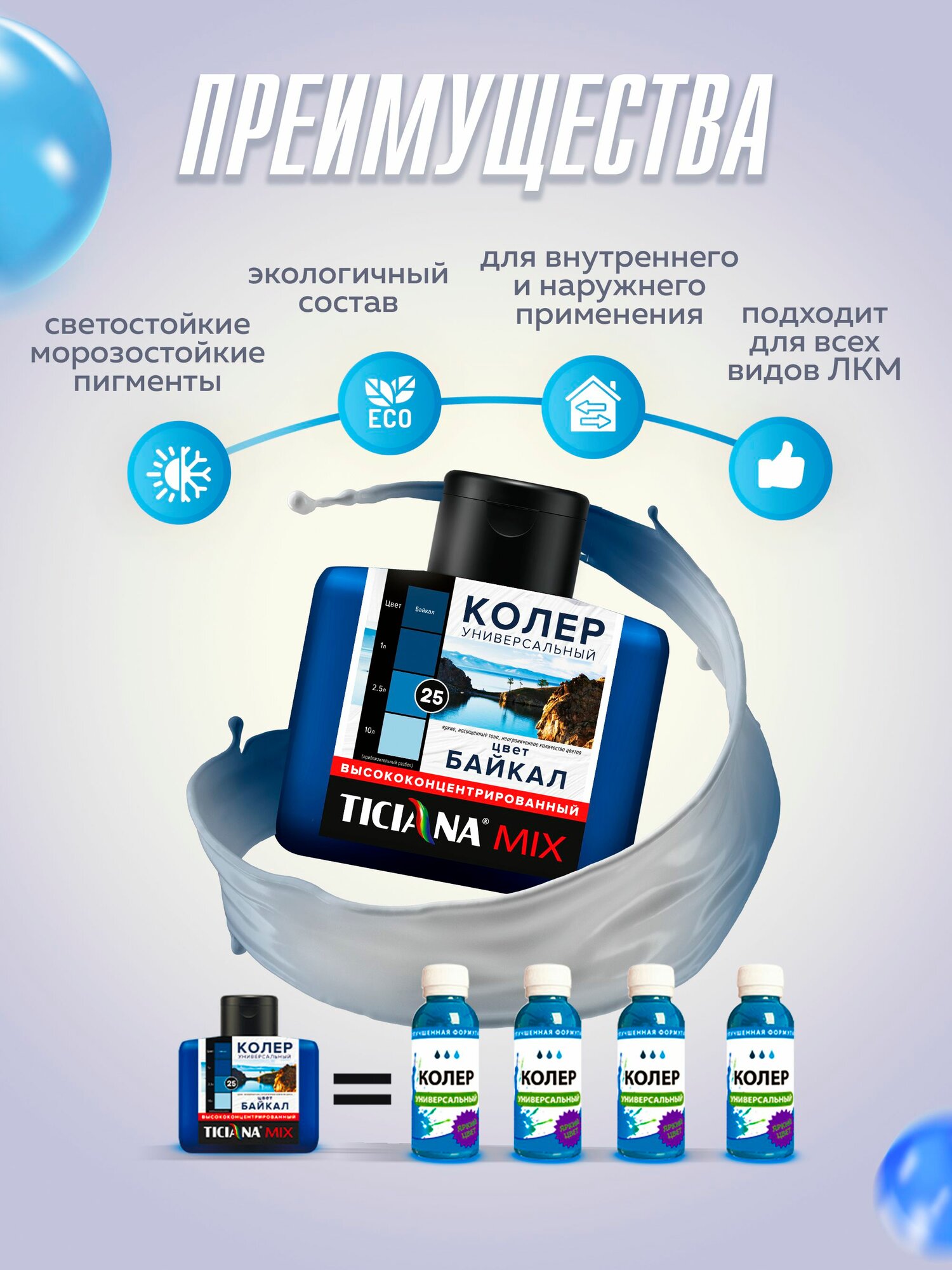 Колер-концентрат для краски универсальный TICIANA MIX, колер-паста насыщенная, Цвет: Байкал, 80 мл