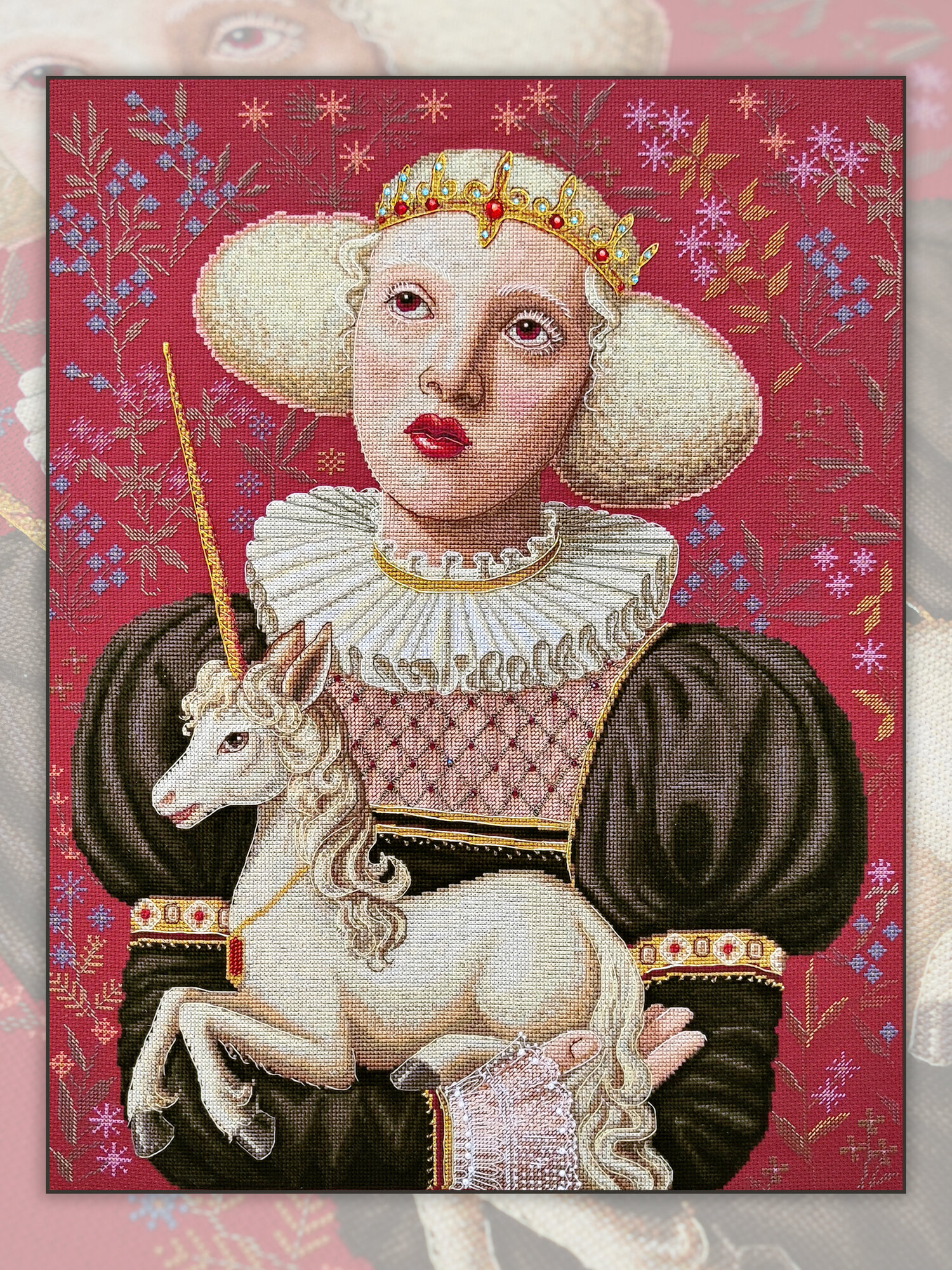 Набор для вышивания крестом Золотые ручки. Дева с единорогом. 36×45 см. Канва Aida 16 Zweigart.