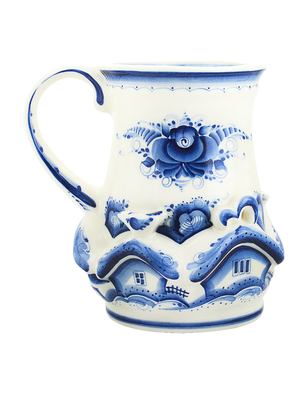 Гжель Бокал высокий Деревенька, автор Исаев, керамика, ручная роспись