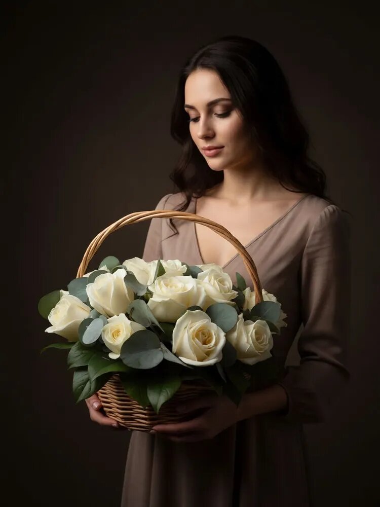 Корзина "Мария", роза, белый, зеленый, высота 25см, диаметр 20см