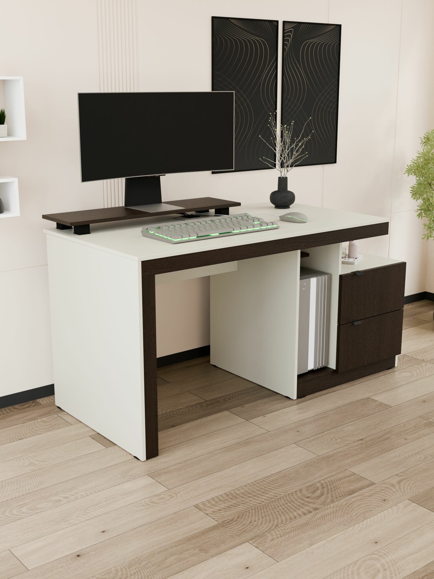 Изумлит Стол компьютерный для офиса и дома Вертикаль Лайт 162х80х74.5 см, тумба справа, бежевый-венге