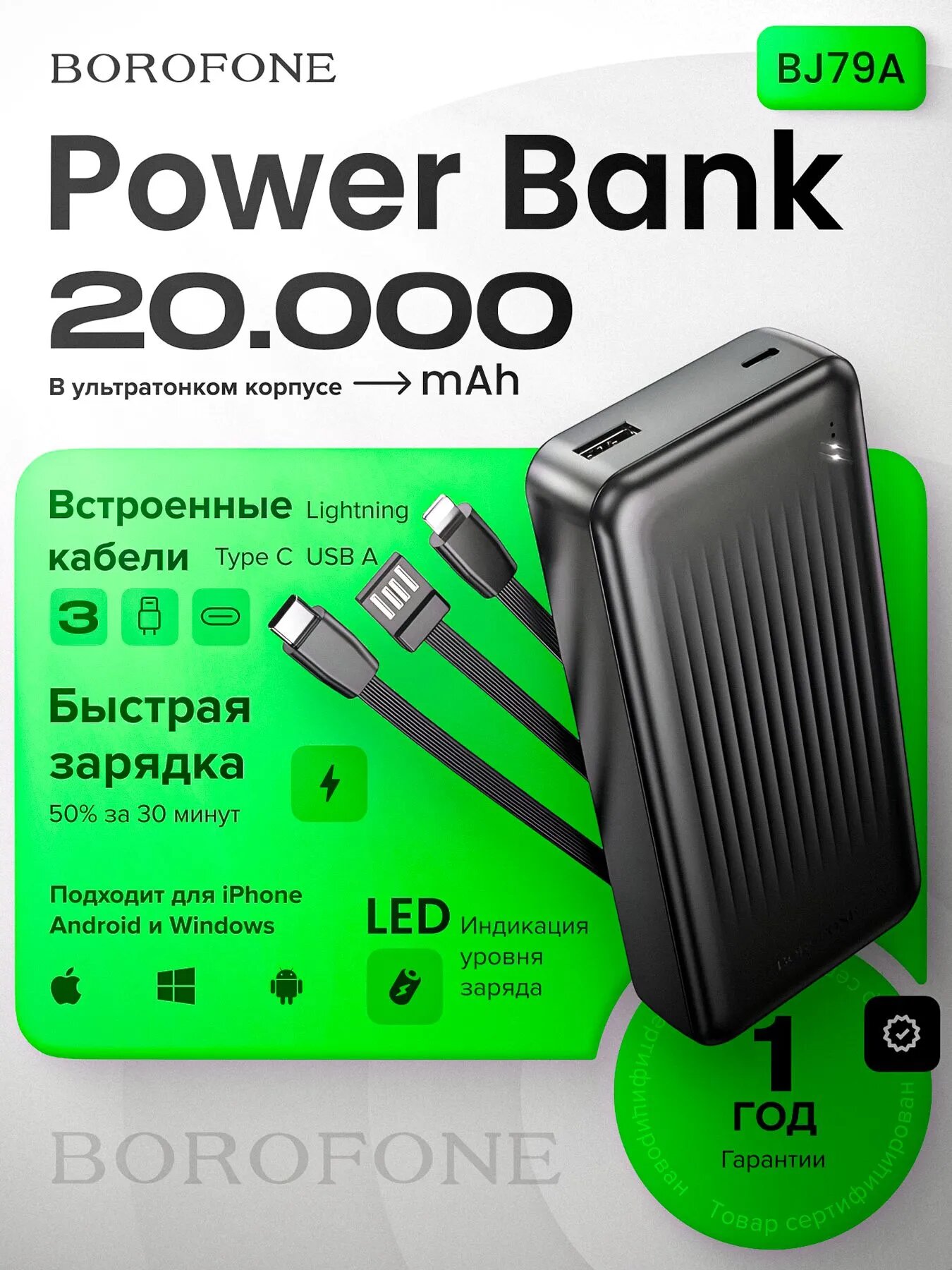 Внешний аккумулятор Павербанк Power bank Borofone Повербанк 20000 мА