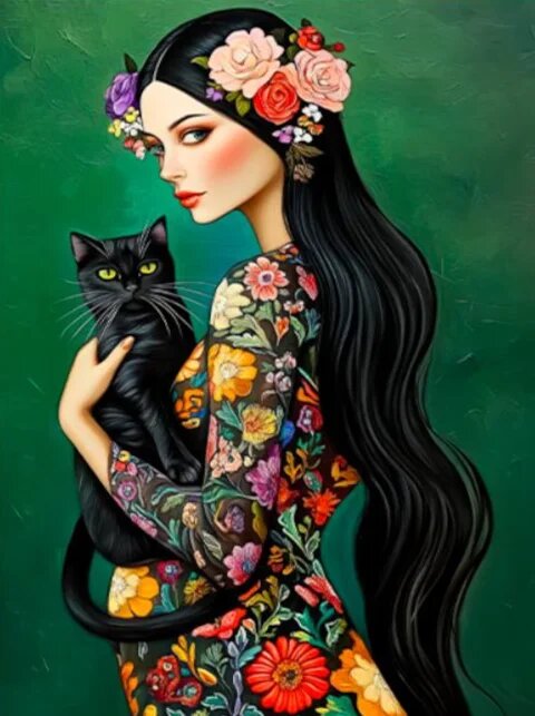 Картина на холсте "Богемный стиль Климта, женщина с котом" Темно-зеленый, PF 36893, 30x40cm no frame