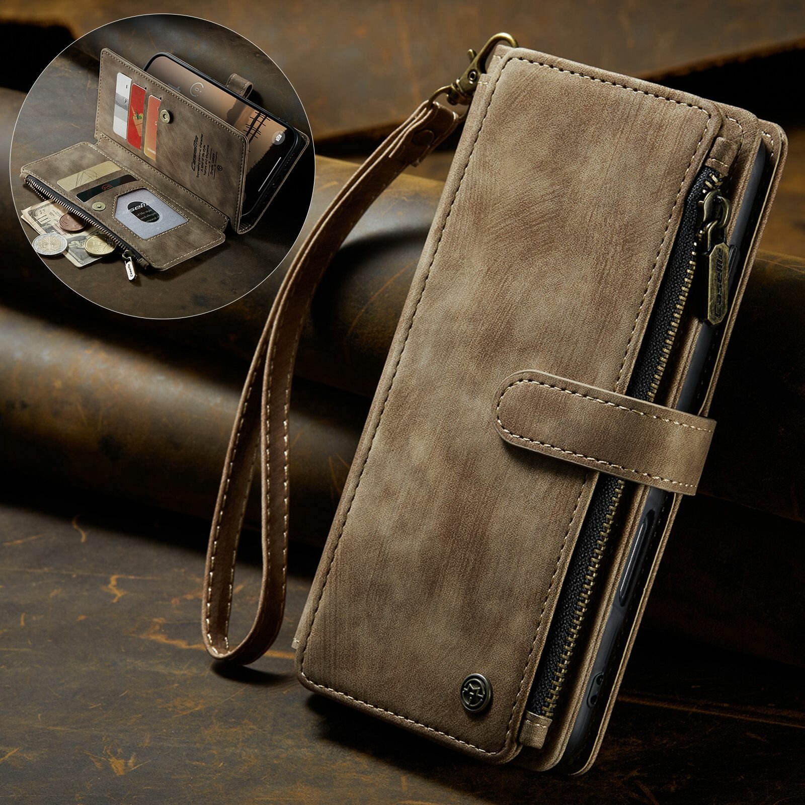 Многофункциональный чехол-кошелек CaseMe 3 in 1 Matte Wallet для iPhone 17 Pro коричневый