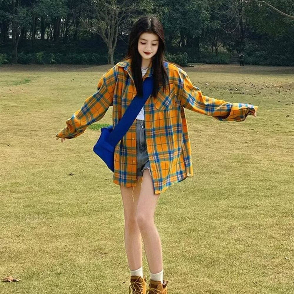 Женская рубашка в французском стиле с желтым клетчатым узором, летний кардиган, свободная тонкая рубашка-жакет с длинными рукавами для защиты от солнца.