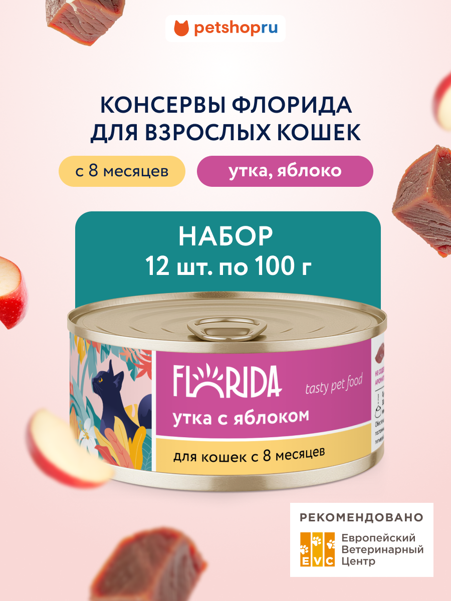 FLORIDA Консервы для кошек, утка с яблоком, набор 12 шт по 100 г, влажный корм, 1,2 кг