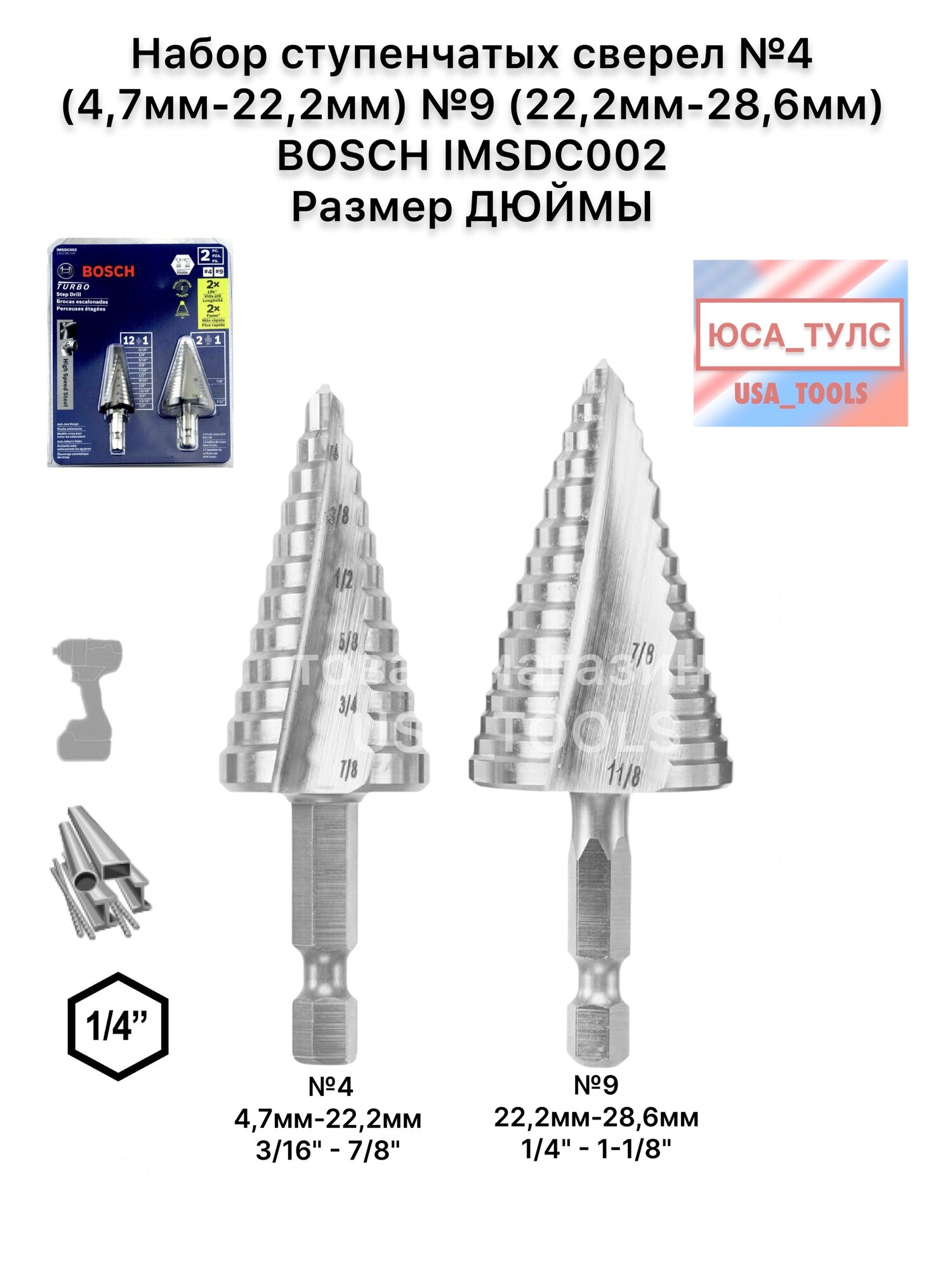 Набор ступенчатых сверел №4 (4,7мм-22,2мм) №9 (22,2мм-28,6мм) BOSCH IMSDC002 Размер дюймы