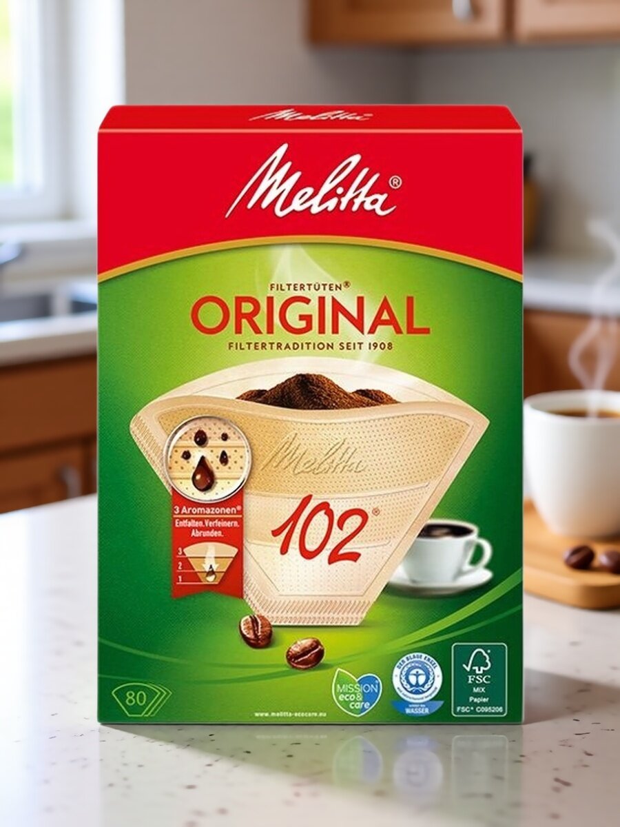 Бумажные одноразовые фильтры Melitta Brown 102/80 Original, неотбеленные 80 шт. для капельных кофеварок