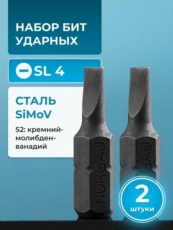 Набор бит 2 шт sl 4 NORGAU Industrial из высокопрочной SiMoV стали S2, под шестигранник 1/4"