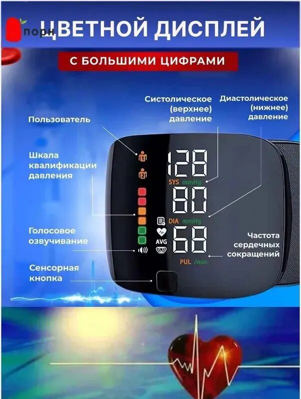 Кардиомонитор тонометр на запястье черный с русской озвучкой, USB-зарядка, 3 года гарантии — фото 1