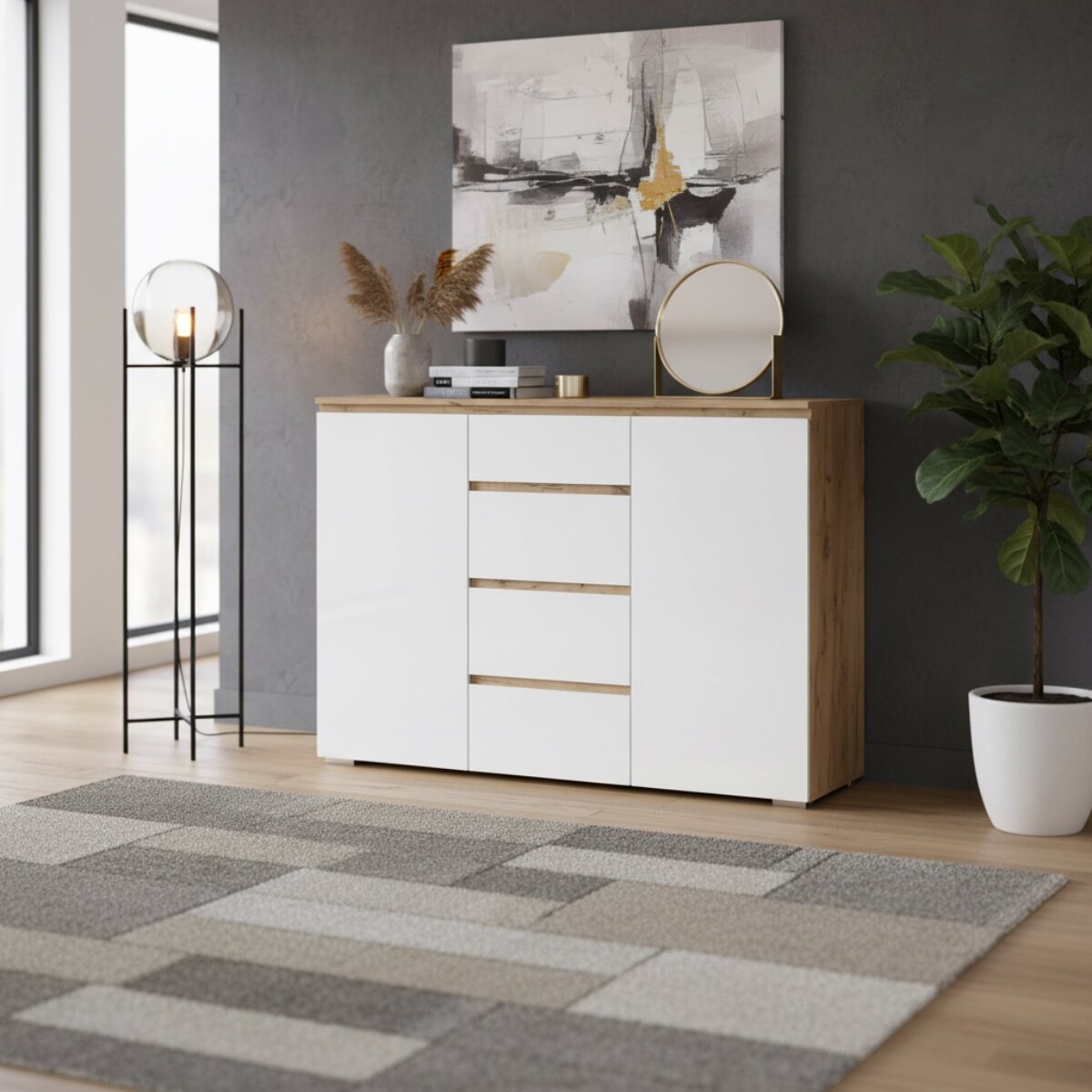 Комод Гретта 2С4Я для спальни и гостиной, 135х101х41 см, Крафт золотой/Белый, 4 ящика и 2 секции