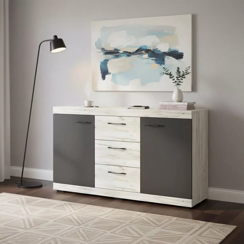 Комод Соната КС-1500 широкий с ящиками и дверцами, Дуб Крафт белый / Антрацит, 1500х880х448 мм